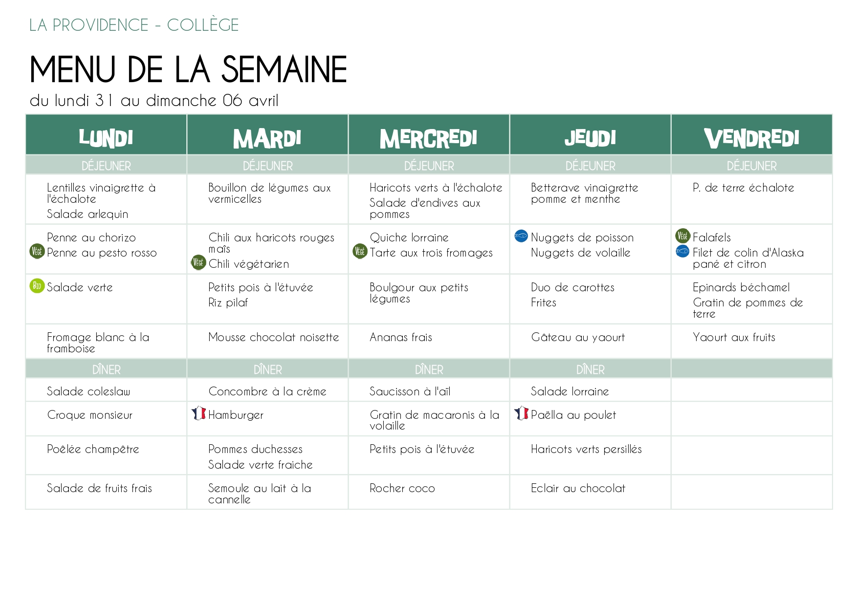 Nos menus – École, collège et lycée professionnel privé